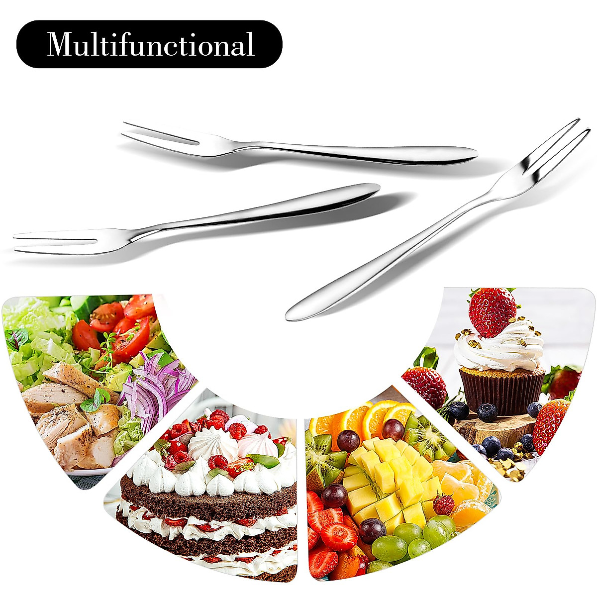 KALIONE 4 Pcs Two Prong Fruit Forks Set,Stainless Steel Cocktail Forks Tasting Appetizer Forks Multi-Purpose Seafood Forks Table Dinner Fruit Forks Small Dessert Cake Forks for Party Supplies (Silver)