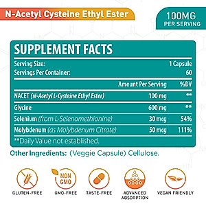 N-Acetyl Cysteine Ethyl Ester 100mg - More Absorption Than 1000mg NAC - with Glycine 600mg - Benefit Glutathione - Good for Immune System & Antioxidant for Adults, NACET ( 60 Capsules - 1 Pack)