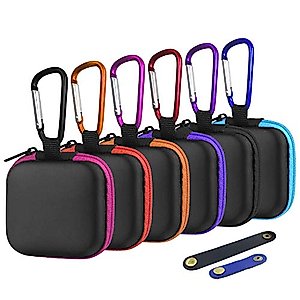 6 Pcs Square Portable Earbuds Case with Carabiners & 2 Headphone Cable Clip, SENHAI Mini Hard EVA Carrying Case Storage Bag for Earphone Earbuds Bluetooth Headset U Disk - 6 Colors