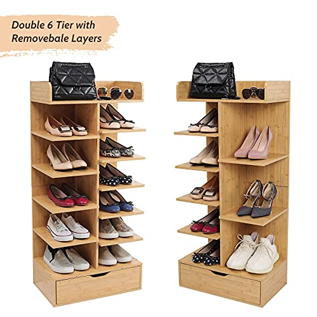TQVAI 6 Tier Shoe Rack, Wood Shoe Organizer with Drawer, Tall Shoe Storage Rack for Entryway, Bamboo Color