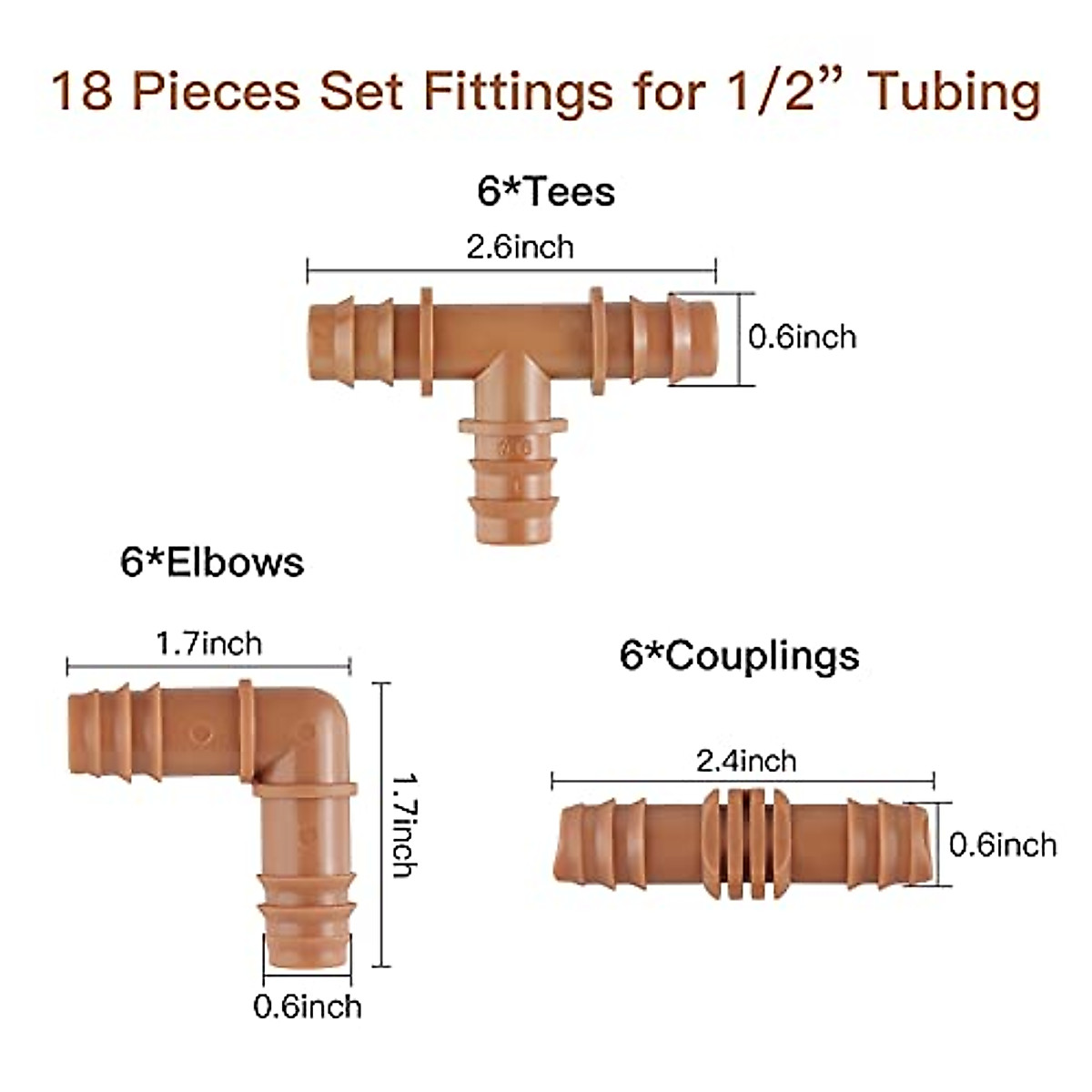 18PCS Irrigation Fittings Kit for 1/2" Tubing (0.520-0.600" ID) Drip Line Connectors - 6 Tees 6 Couplings 6 Elbows, Drip Irrigation Fitting Set Drip or Sprinkler Systems