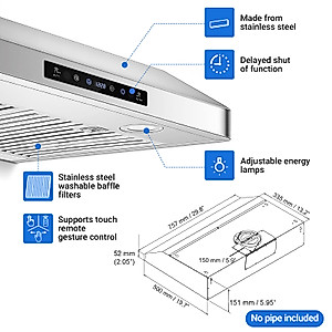 AMZCHEF Under Cabinet Range Hood 30 Inch, 700CFM Stainless Steel Kitchen Stove Vent Hood 3 Speed Exhaust Fan Touch/Remote/Gesture Control LED lights Time Setting Dishwasher-Safe Baffle Filters