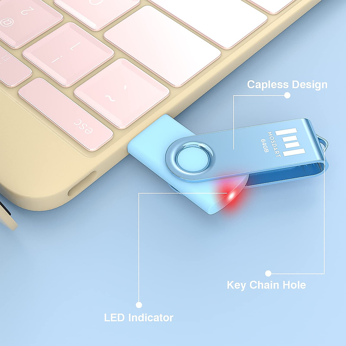MOSDART 64GB USB2.0 Flash Drive, with Keychain Loop, Swivel Design with LED Light, exFAT Memory Stick for Computers, System Backup, Data Storage, Pastel Color(Pack of 5)
