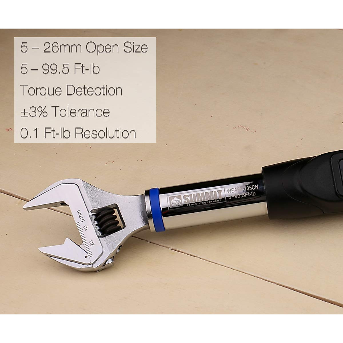 Summit Tools Adjustable Digital Torque Wrench, 5 to 99.5 ft-lb. Torque Range, 5-26 mm Adjustable Jaw, Set Target Torque, Buzzer and LED Indicators, Large LCD Display, Calibrated (WEA08-135CN)