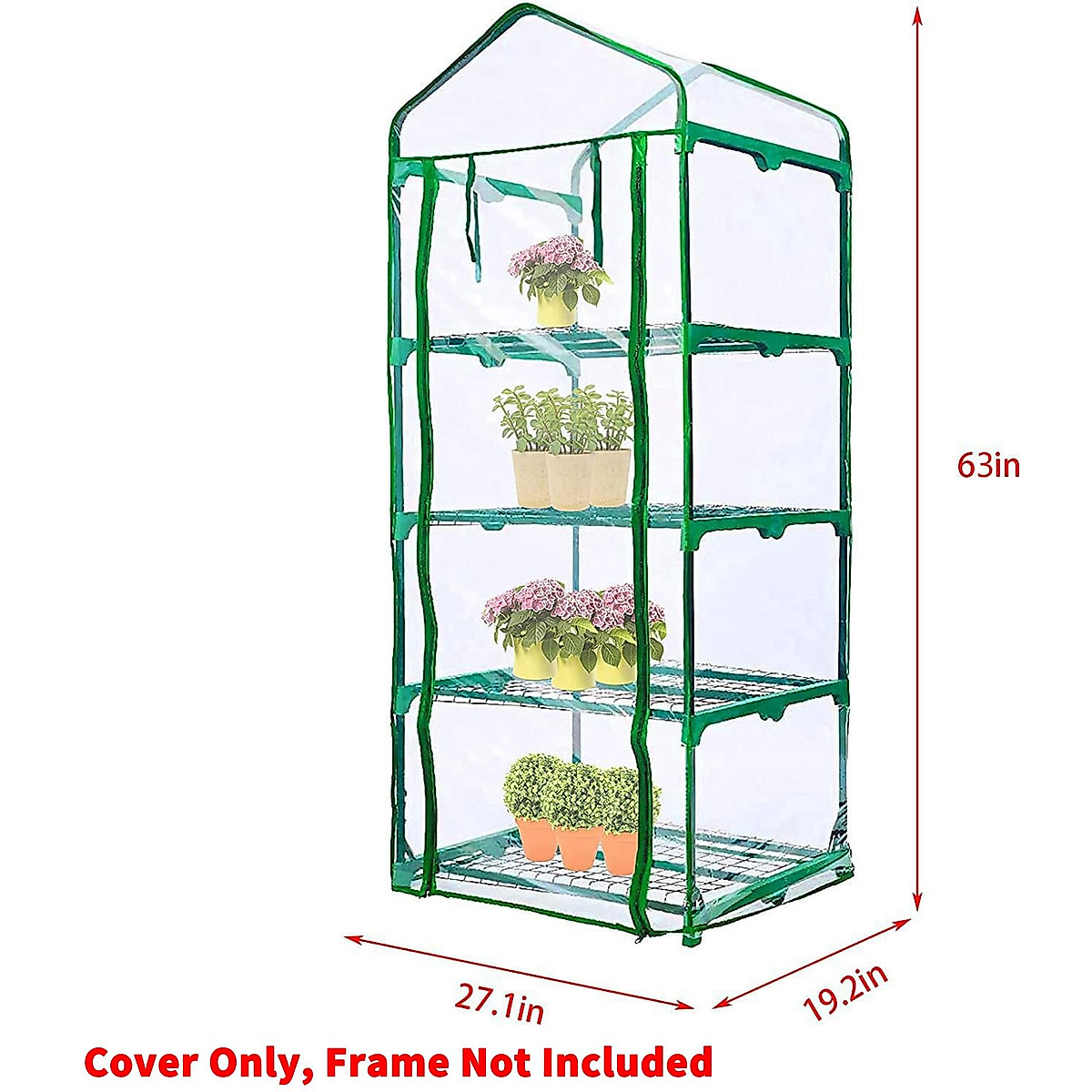 4 Tier Roll-Up Zipper Door Greenhouse Replacement Cover-27 x 19 x 63 Inch Clear PVC Plant Greenhouse Cover for Gardening Plants Cold Frost Protection Wind Rain Proof (Frame NOT Include)