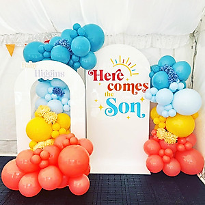 Retro Boho Balloon Arch Garland Kit, 163Pcs Retro Blue Orange Mustard Yellow Balloon, Here Comes the Son First Birthday Theme Boho Colorful Baby Shower Party Decoration