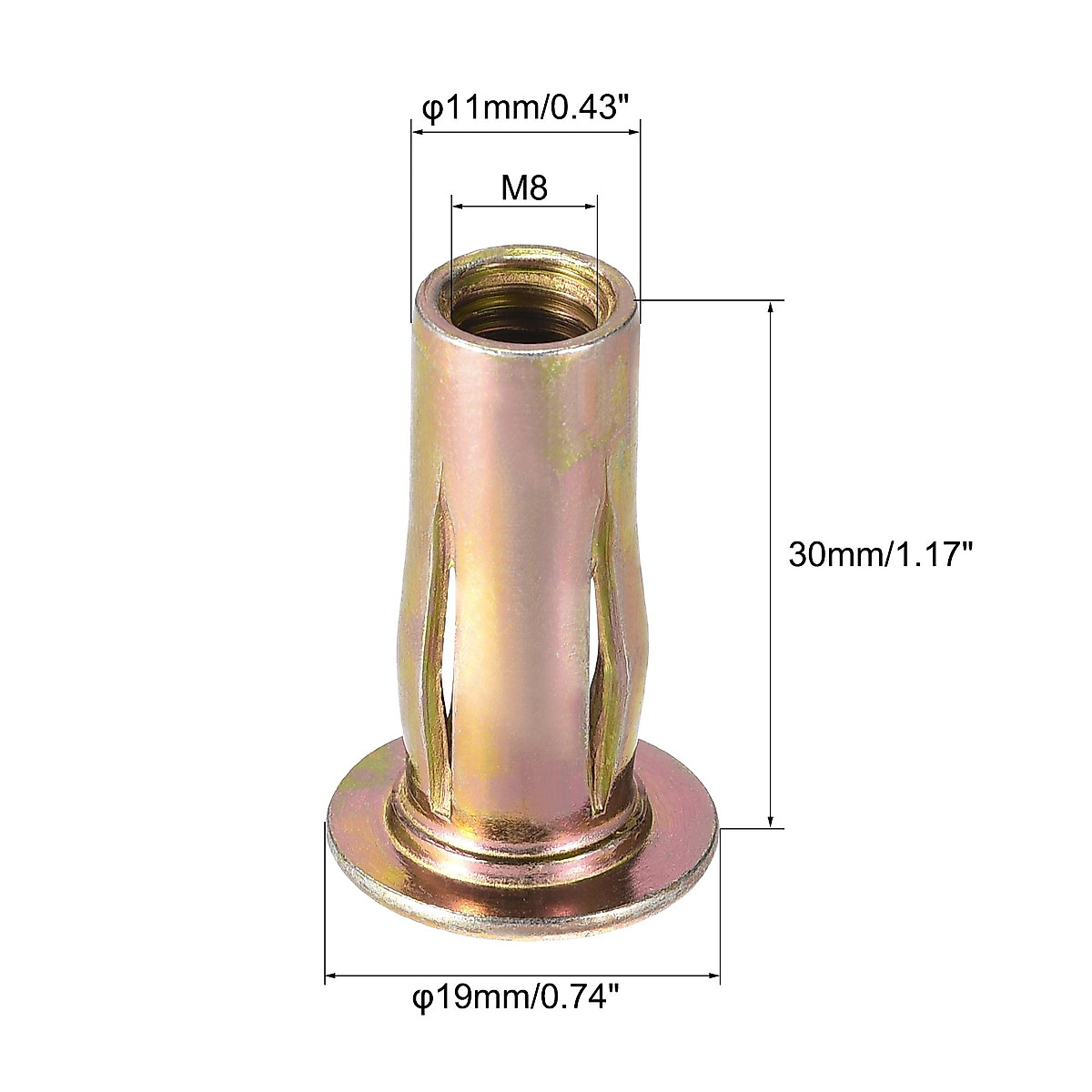 uxcell Multi-Grip Rivet-Nut, M8 Pre-Bulbed Shank Carbon Steel Color-Zinc-Plated Flat Head Threaded Insert Nut 25Pcs