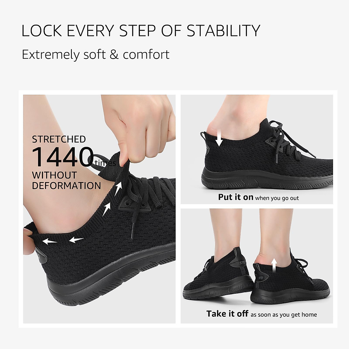 STQ Tennis Shoes Womens Slip on Walking Sneakers with Arch Support for Workout Gym Athletic, All Black US 8