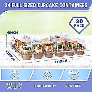 20 Sets Cupcake Containers 24 Count Cupcake Holders Stackable Cupcake Boxes Clear Disposable with Detachable Tall Dome Lid Plastic Cupcake Trays for Wedding Birthday Kitchen Baking Supplies
