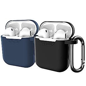 AirPods1st/2ndCase with Lanyard TPU Shockproof Full-Body Protective Case Cover Soft RubberTexture for AirPods 1st/2nd Generation (Black+Dark Blue)
