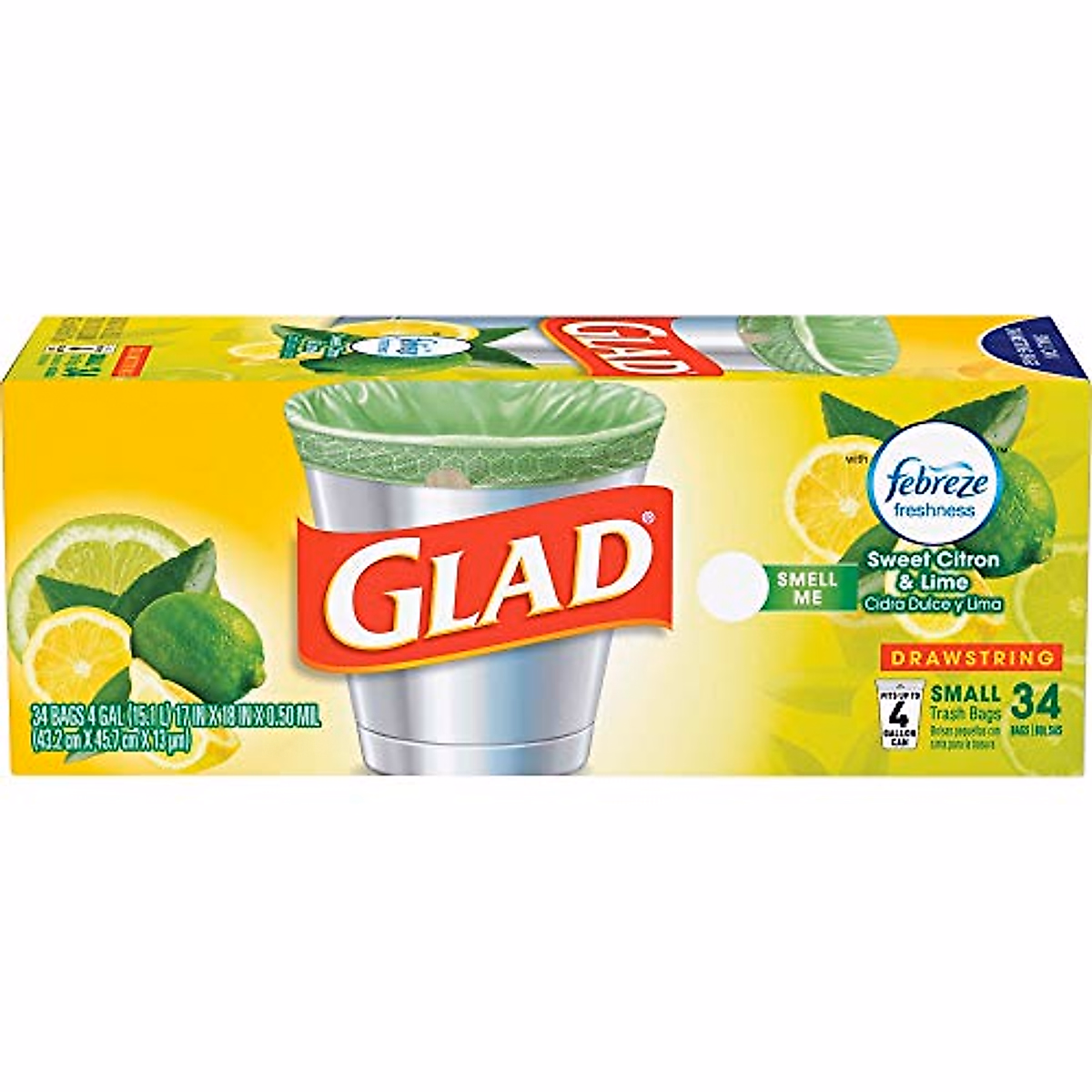 Glad Small Kitchen Drawstring Trash Bags, 4 Gallon, Febreze Sweet Citron & Lime, 34 Count