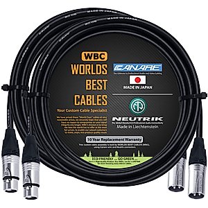 WORLDS BEST CABLES 2 Units - 10 Foot – Quad Balanced Microphone Cable Custom Made Using Canare L-4E6S Wire and Neutrik Silver NC3MXX Male & NC3FXX Female XLR Plugs