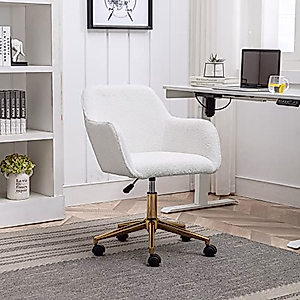 DBXII Modern 360°Swivel Velvet Office Chair Mid-Back Desk Chairs with Wheels Adjustable with Side Arms Gold Metal Base Cute Desk Chair for Bedroom, Home Office, Vanity Room (White Teddy + Wool)