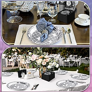 70s Disco Party Supplies Includes 50 Pcs Silver Disco Ball Paper Dinner Plates 50 Pcs Disco Paper Cups 50 Pcs Disco Party Cocktail Napkins for Disco Wedding Party Picnic Travel (Black and Silver)