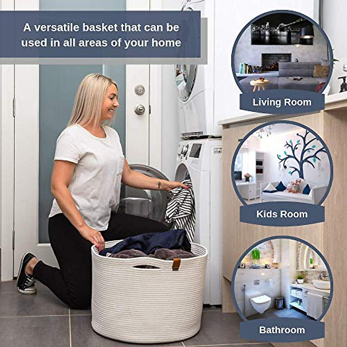 DENJA & CO Extra Large Blanket Basket for Living Room - White Farmhouse Woven Baskets for Storage | Cotton Rope Large Baskets for Blankets, Pillows, Toys, or Laundry | Ivory White (21" Wide x 13.8" Tall)