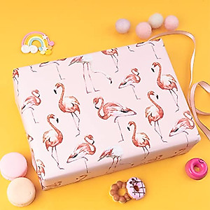 WRAPAHOLIC Reversible Wrapping Paper - Mini Roll - 17 Inch X 33 Feet - Flamingo and Polka Dot Design for Birthday, Holiday, Wedding, Baby Shower