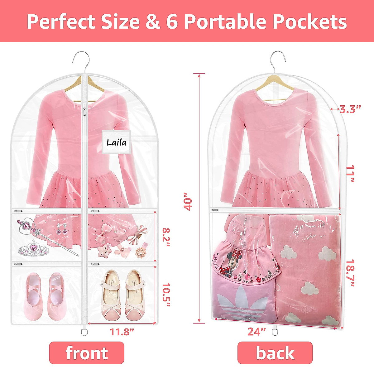 SDAWIN 40'' Clear Kids Dance Costume Garment Bags for Dancers with Pockets, PVC Waterproof 3.3" Gussetes for Girls and Boy Travel Clothes Covers, 3 Packs