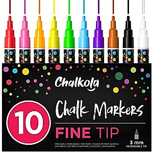 Chalkola 10 Fine Tip Liquid Chalk Markers for Chalkboard Signs, Blackboard, Window, Labels, Bistro, Glass, Car (10 Pack 3mm) - Wet Wipe Erasable Ink Chalk Board Markers, 3mm Reversible Tip Chalk Pens