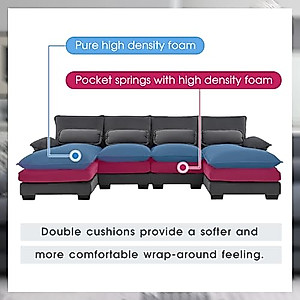 YUNLife&Home U-Shaped Modular Sectional Sofa with Double Chaise Lounge and Waist Pillows,6-Seat Oversized Symmetrical Couch,Comfy Chenille Upholstery Deap Seat Corner Sofá Convertible Sleeper Couches