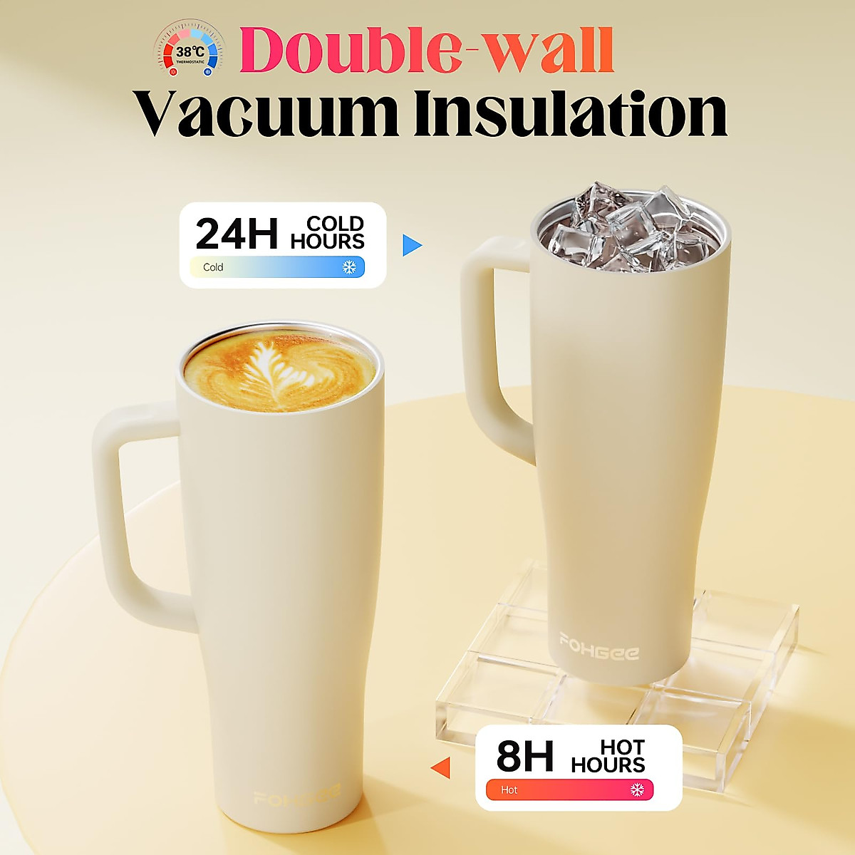 FOHGEE 40oz Tumbler with Handle and Straw Lid【Magnetic lid + Removable built-in straw】100% Leak-proof Travel Coffee Mug, Stainless Steel Insulated Cup, Keeps Cold for 24Hrs (ChillWave Cream Whisper)