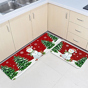 Snowman Christmas Kitchen Mats Sets 2 Piece, Xmas Snowman Tree Snowflake Red Background Kitchen Rugs and Mats Non-Slip Washable Runner Carpets for Christmas Decorations, 15.7" x 23.6" + 15.7" x 47.6"
