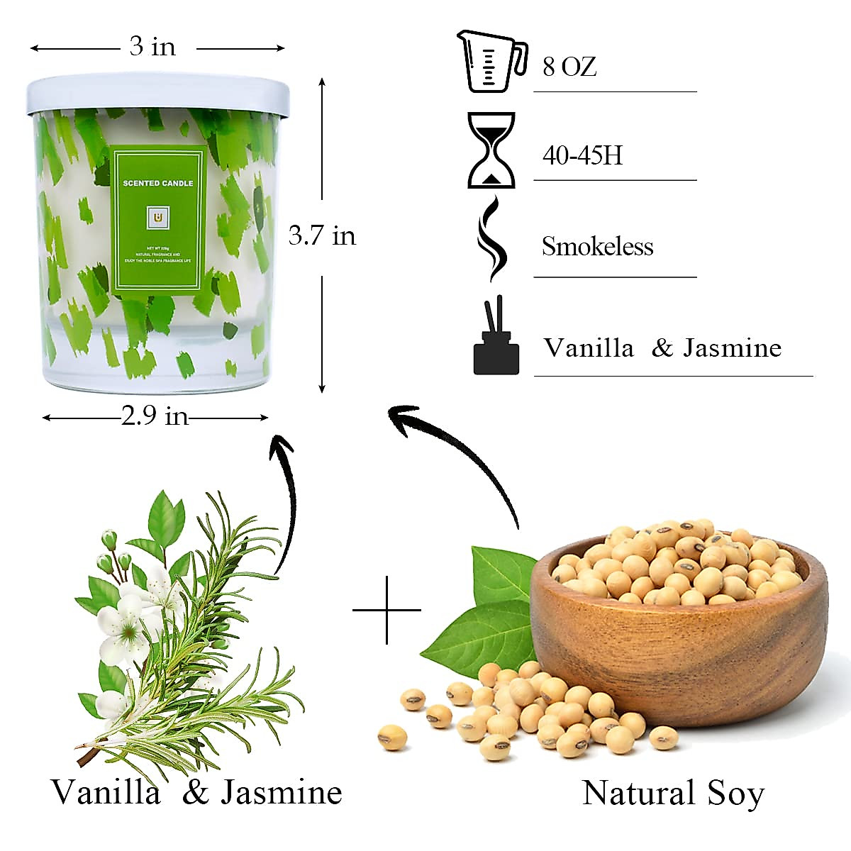 Haoson Vanilla & Jasmine Scented Candle Gift Set in Glass Jar Natural Soy Wax Aromatherapy Stress Relief Candle for Women Home Mother's Day Christmas