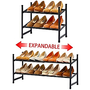 Tajsoon 2-Tier Stackable Shoe Rack Organizer, Expandable & Adjustable Metal Iron Shoes Storage for Entryway Doorway, Black