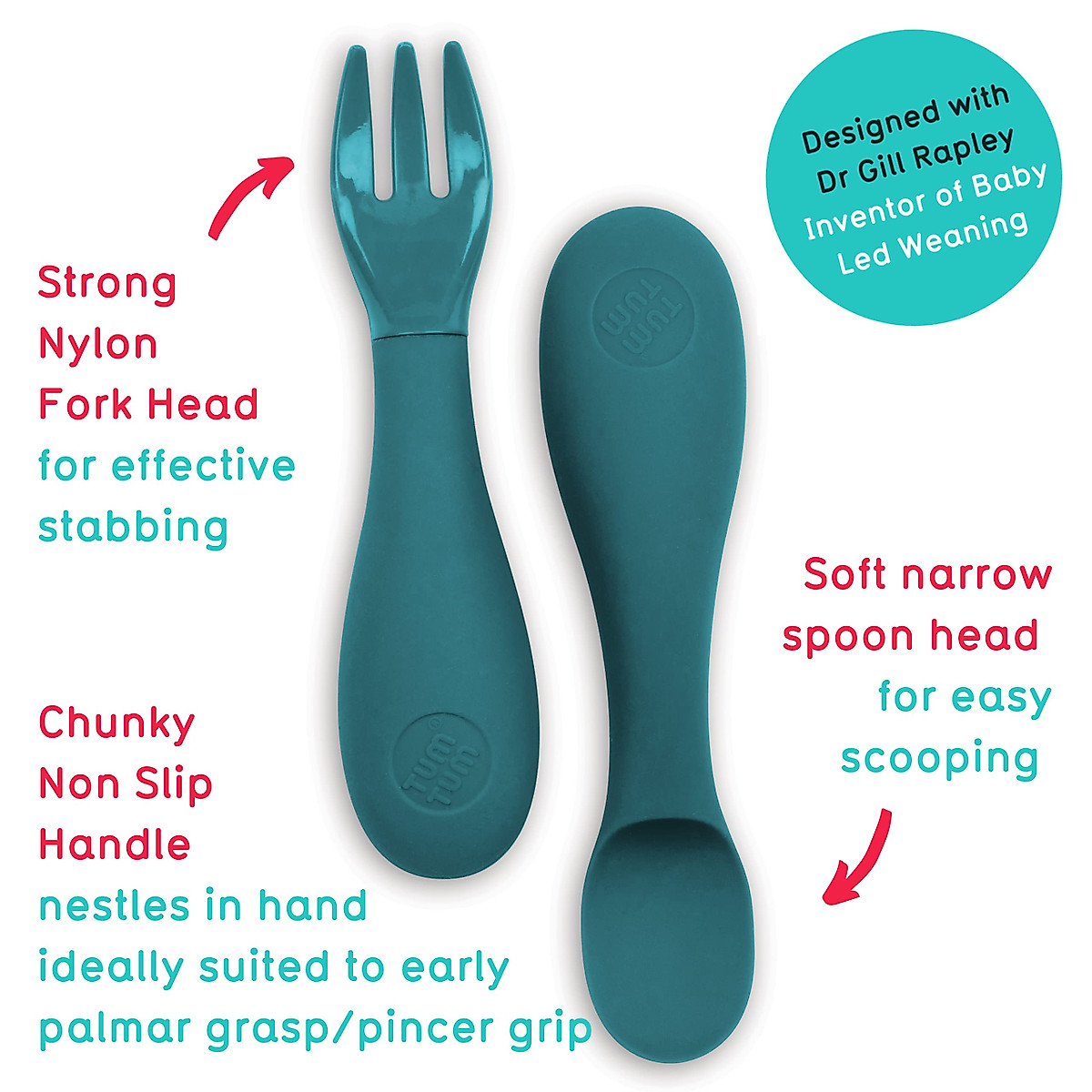 TUM TUM Baby Cutlery with Case, Baby Spoon & Fork Set, Baby Cutlery for Babies, First self Feeding Cutlery, Silicone Baby Spoon & Fork, 6 Months Plus, (Blue)