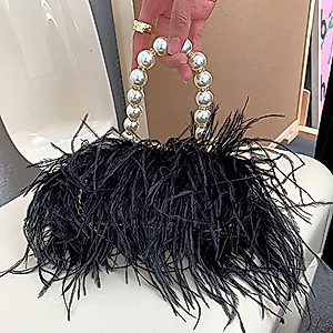 Women Real Natural Ostrich Feather Evening Bags Purses Clutch Vintage Banquet Handbag (black)