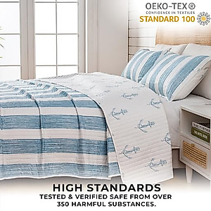 Twin Coastal Quilt Bedding Set, Summer Coastal Quilt with Sham, Beach 2-Piece Reversible All Season Bedspread Quilt Set. Lightweight Nautical Quilted Coverlet. Casco Bay Collection, Blue