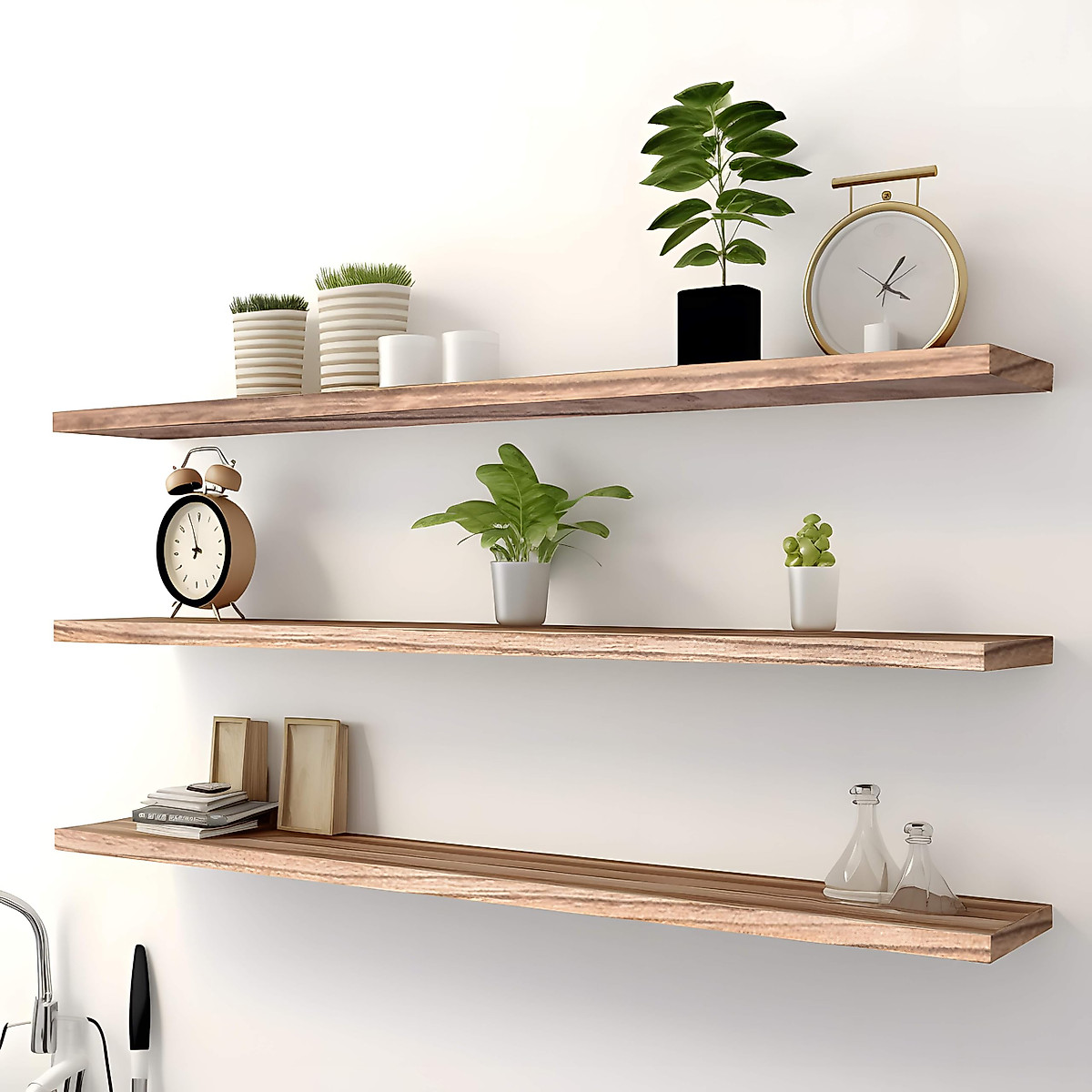 PHPH 36 Inch Wood Floating Shelves for Wall, Wooden Wall Shelves for Bedroom, Set of 4 Light Brown