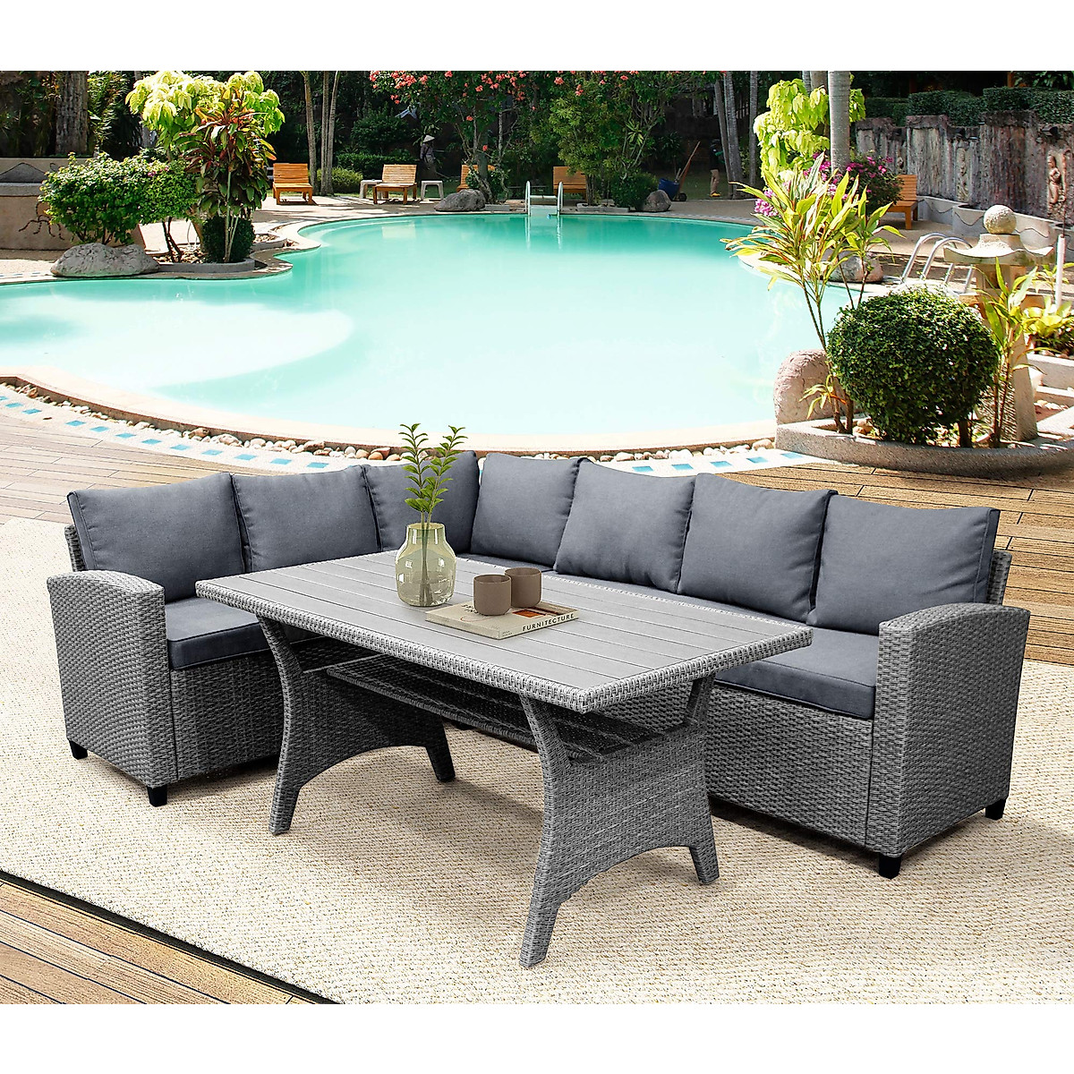 DHPM Patio PE Wicker Furniture Set Outdoor Brown Rattan Sectional Conversation Sofa Chair with Table & Soft Cushions, Gray