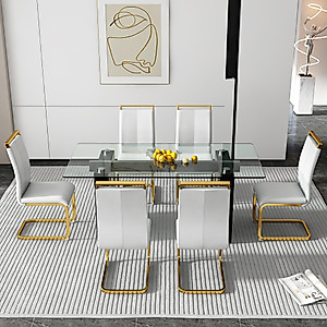 71" Large Glass Dining Table Set for 6, Modern Dining Table with 6 Leather Chairs, 0.32" Tempered Glass Tabletop and MDF Leg,for Kitchen Dining Living Meeting Room (Black Table + 4 White Chairs)