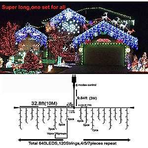 Maojia 66FT Christmas Lights Decorations Outdoor - 640 LEDs 8 Modes Curtain Fairy Lights with 120 Drops, Waterproof LED String Lights for Holiday Wedding Party Garden Patio Decorations, Blue