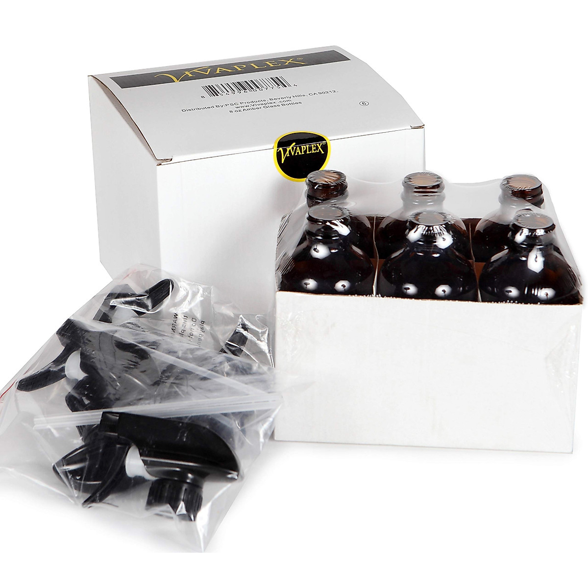 Vivaplex, 6, Large, 8 oz, Empty, Amber Glass Spray Bottles with Black Trigger Sprayers