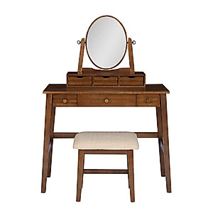 Linon Iris Wood Vanity & Padded Stool Set Oval Mirror 5 Drawers in Walnut Brown