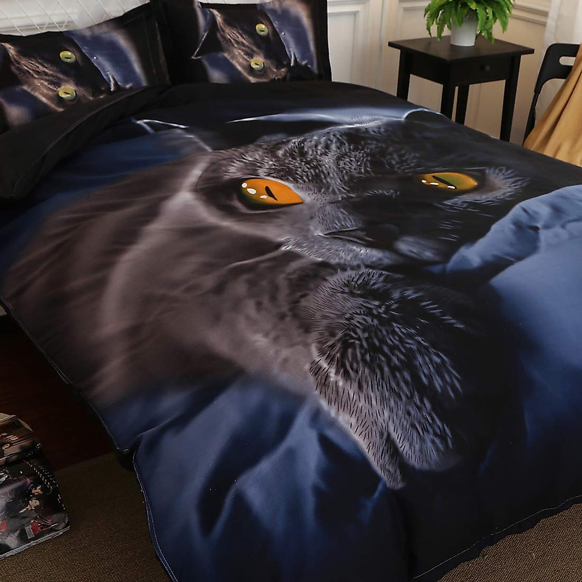 Heave 4Piece Dark Night Black Cat King Duvet Cover Set 3D Oil Animal Printed Bedding Queen Size Comforter Quilt Cover with 1 Flat Sheet and 2 Pillowcase