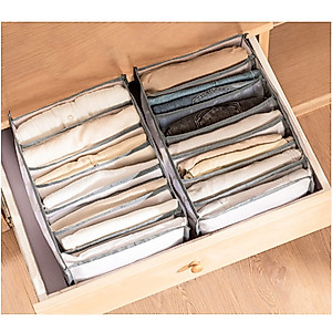 LAND CAST 2Pcs Wardrobe Clothes Organizer, 7Grid Washable Jeans Compartment Storage Box Foldable Closet Drawer Organizer Separation Box Clothes Storage bag for Pants Dress T-shirt Legging (Green, Jeans Grid)