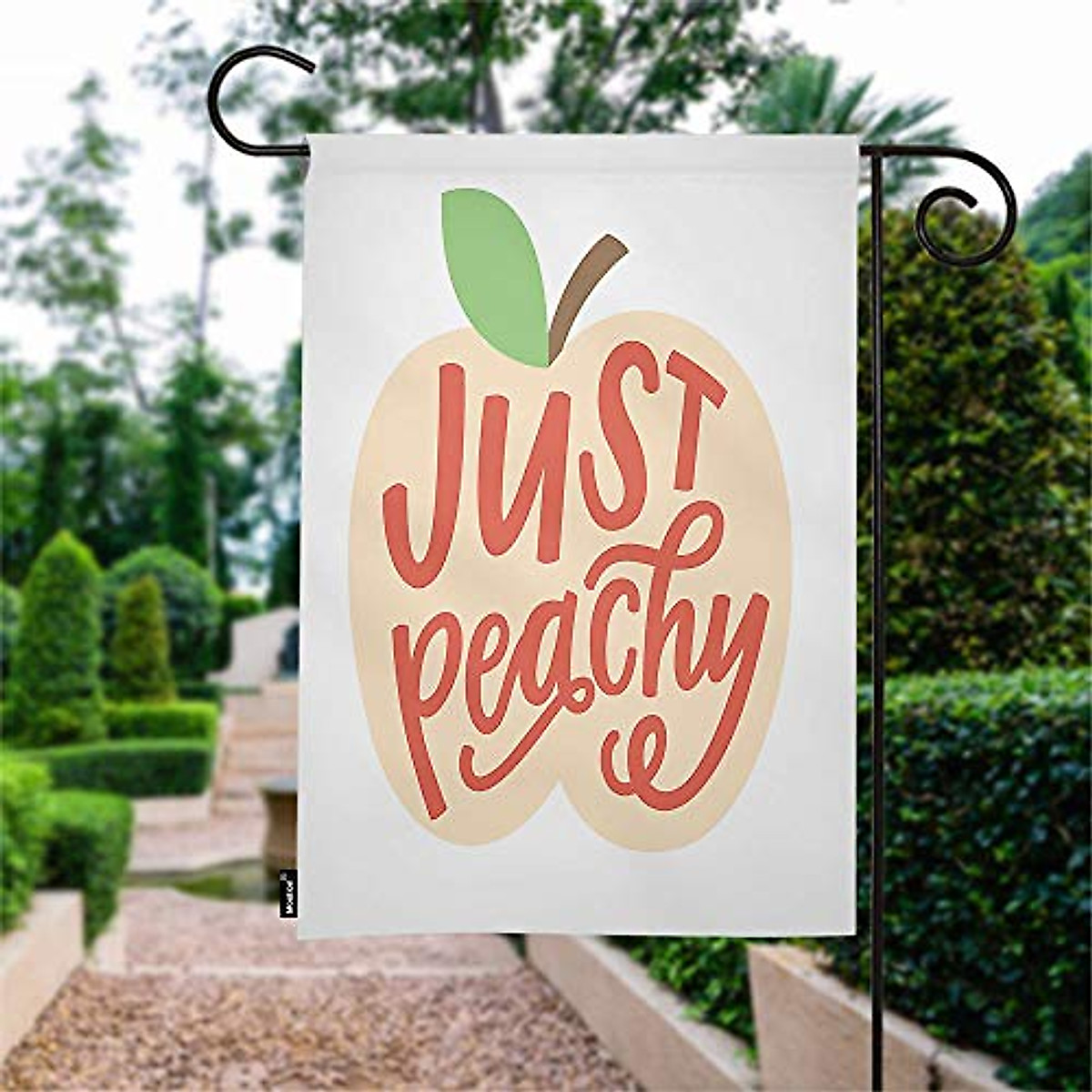 Moslion Peach Garden Flag 12x18 Inch Just Peachy Quote Word Hand Lettering Leaf Fruit Summer Seasonal Garden Flag Outdoor Decorative Double-Sided Cotton Linen