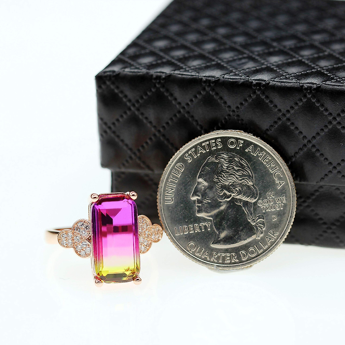 Uloveido Created Tourmaline Gemstone Rings18k Rose Gold Plated Ring with Big Rectangle Stone (size 6) RJ400