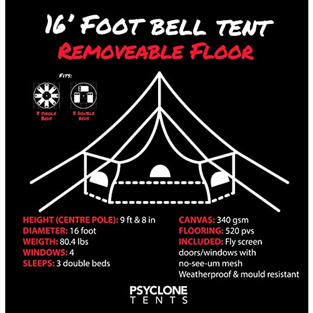 Psyclone Tents Removable Floor 4 Windows 5m/16.4ft Luxury Bell Tent Outdoor All Weather 8-10 Person Cotton Canvas Yurt Large Tent for Family Camping Glamping Hiking and Festivals