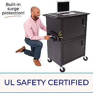 Line Leader Stellar AV Cart - Computer Cart with Customizable Pegboard & Hooks, Dual Locking Cabinets, UL Certified Power, Mobile Workstation with Locking Wheels, Ideal for Laptop & Charger Storage