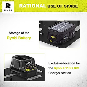 Riuog Battery Holder for Ryobi, Metal Wall Mount Bracket for Ryobi 18V Battery and Ryobi P118B Charger,3 Battery Holder and 2 Charger Holder for Tool Room and Garage