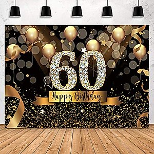 Sensfun Happy 60th Birthday Backdrop for Adult Party 10x8ft Bokeh Circle Glitter Gold Balloon Photography Background Sixty Birthday Black Gold Party Backdrops Diamond 60th Birthday Vinyl Photo Banner