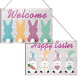 2 Pieces Happy Easter Wooden Sign Easter Hanging Wood Decor Easter Welcome Door Sign Gnome Bunny Eggs Wood Easter Decorations for Home Garden Spring Party, 12 x 7.8 Inch