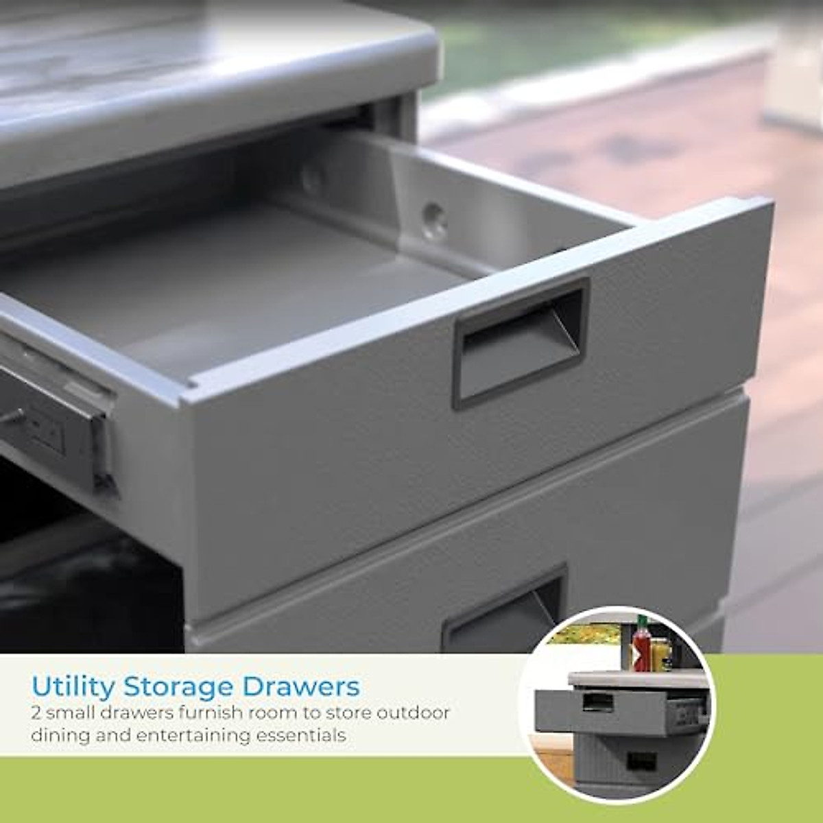 Suncast Backyard Oasis Entertainment Pull-Out Drawers and Shelving Space, Water-Resistant Outdoor Food and Bar Unit, Gray