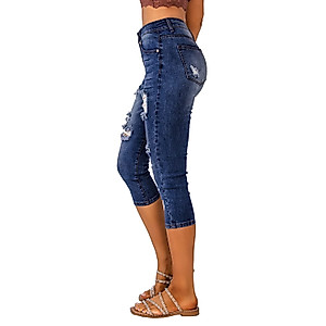 Vetinee Women's Maui Views Summer High Waisted Casual Ripped Distressed Skinny Slim Fit Stretch Cropped Denim Capri Jeans Size X-Large/16-18