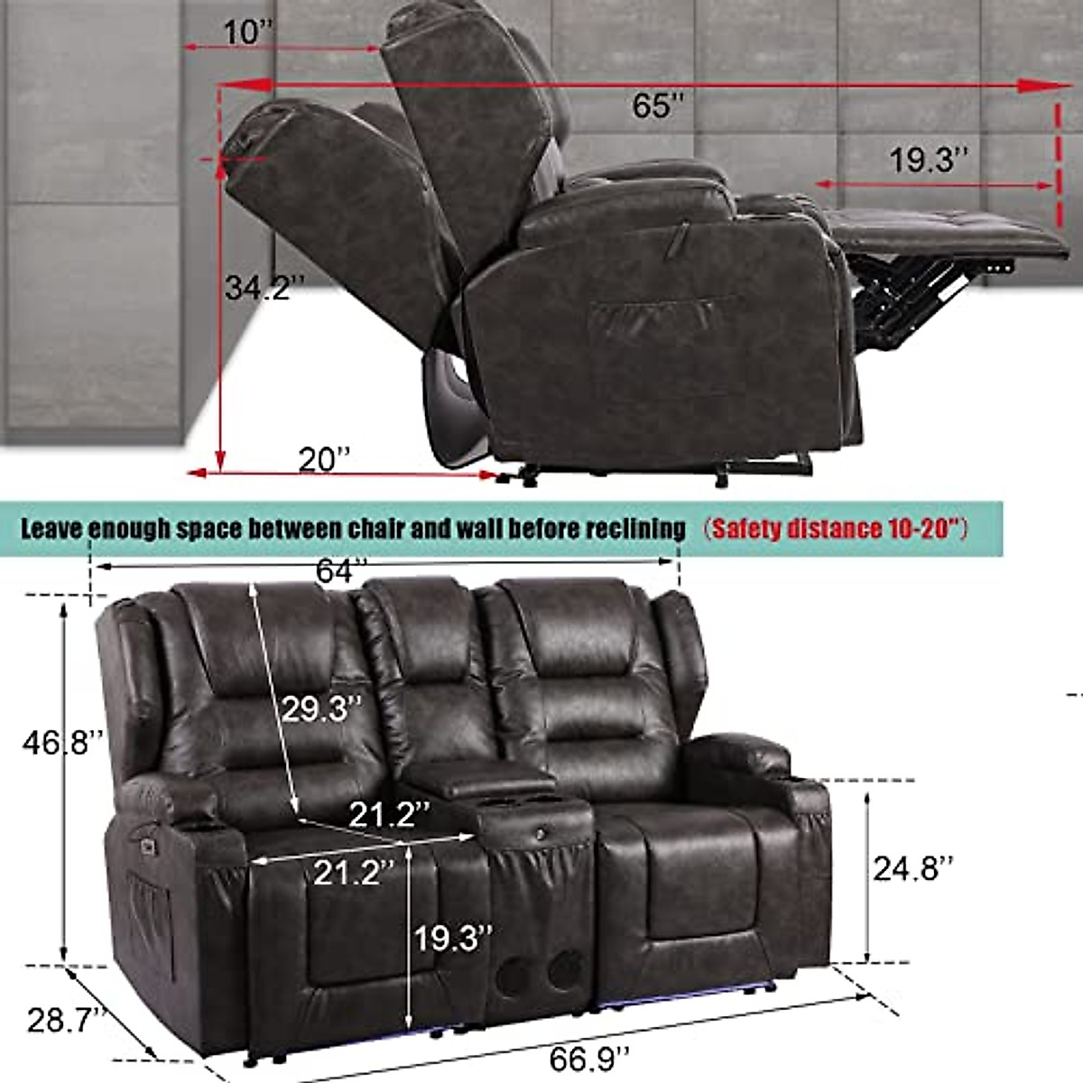 SAMERY Electric Home Theater Seating- Power Recline Chair Loveseat RV Sofa with Console, 67" Double Recliner 2-Seater RV Couch with Storage/USB Charging/Lighting/Cup Holders for Living Room