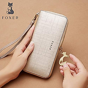 iFOXER Women Leather Long Wallet Fashion Elegant Card Holder Purse Zipper Gift Box Packaging (Gold)