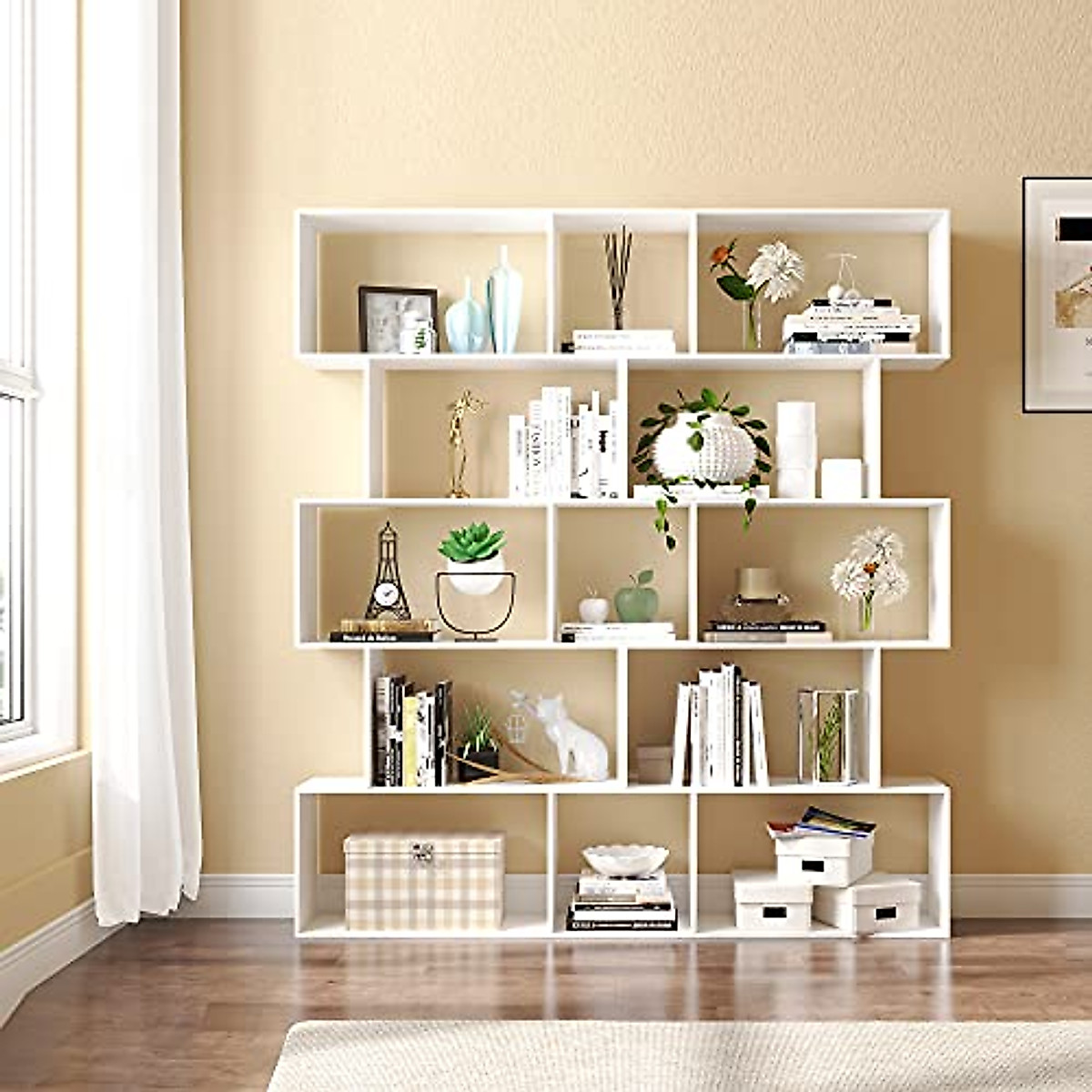 Yusong Bookshelf 5-Tier, Geometric Bookcase S Shaped Book Shelves for Bedroom, Modern Wood Decorative Display Shelf Book Case for Home Office, White